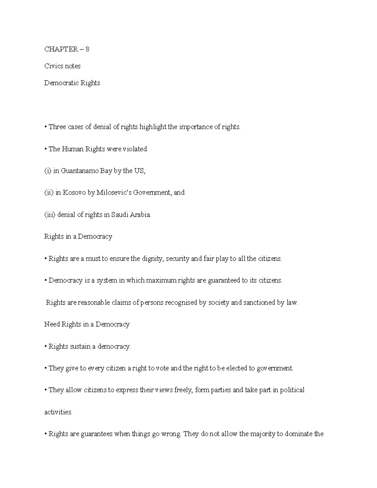 Chapter – 6 Civics Notes 1 - CHAPTER – 8 Civics notes Democratic Rights ...