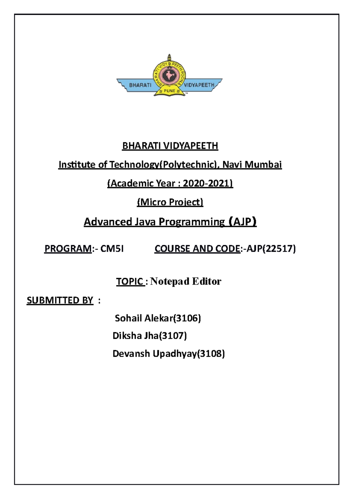 notepad editor using java - BHARATI VIDYAPEETH Institute of Technology ...