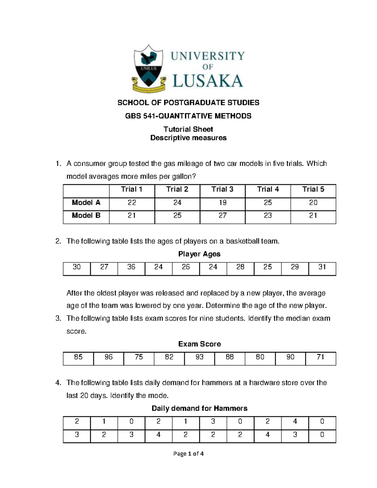 3.Descriptive Measures - SCHOOL OF POSTGRADUATE STUDIES GBS 541-QUANTITATIVE METHODS Tutorial ...