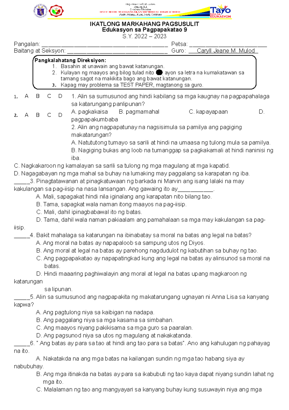 PT G9 ESP - EDUKASYON SA PAGPAPAKATAO 9 - IKATLONG MARKAHANG PAGSUSULIT ...