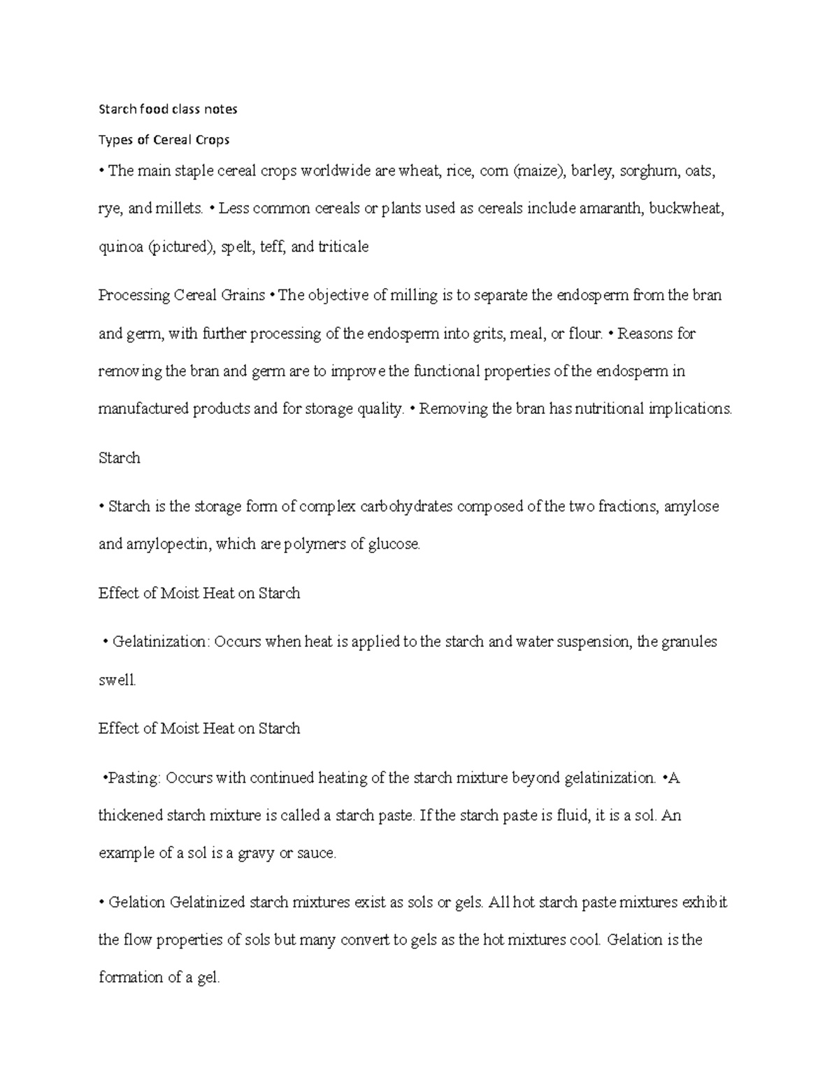 Starch food class notes - Starch food class notes Types of Cereal Crops ...