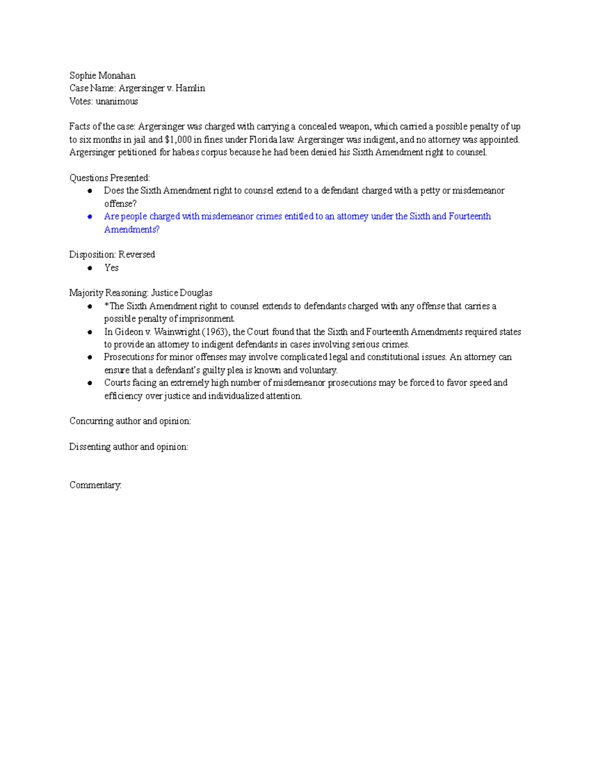 Argersinger v. Hamlin - Summary Criminal Procedure - Sophie Monahan ...