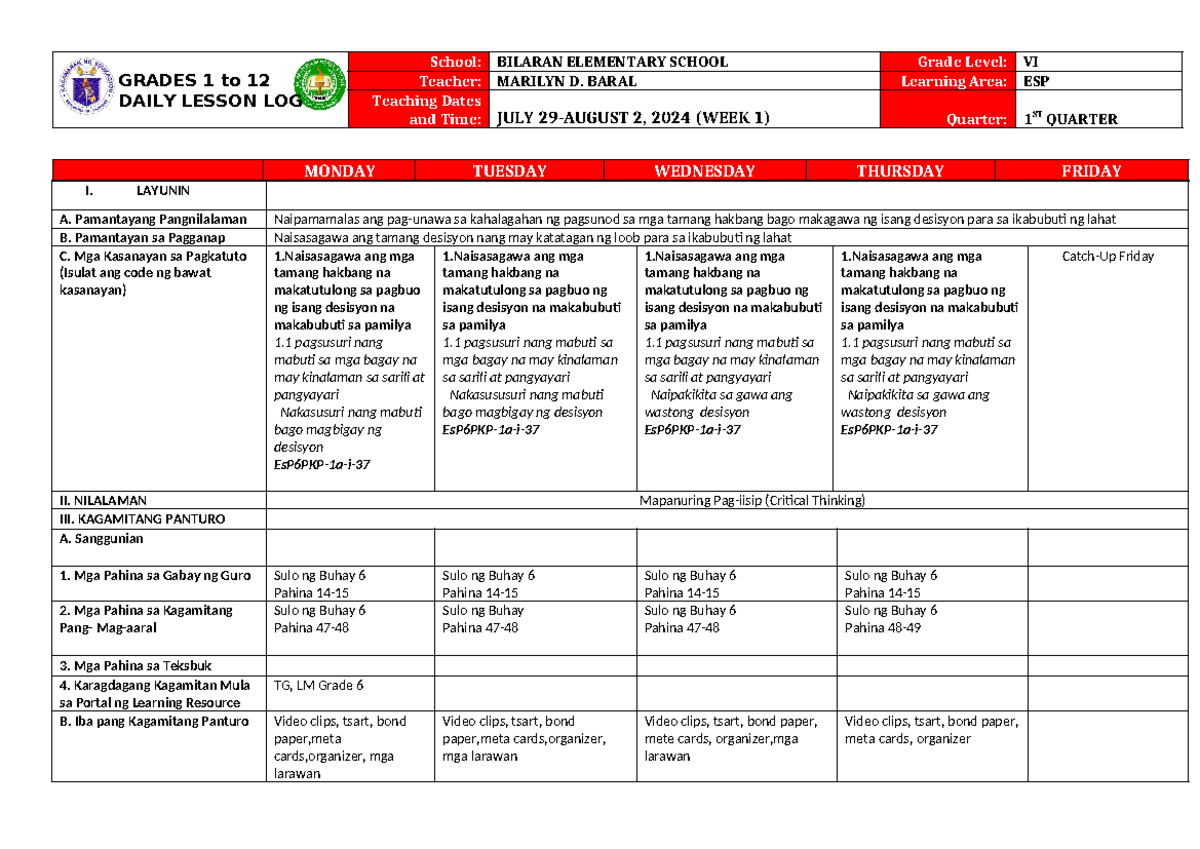 DLL ESP-6 Q1 W1 - DLL - GRADES 1 to 12 DAILY LESSON LOG School: BILARAN ELEMENTARY SCHOOL Grade ...