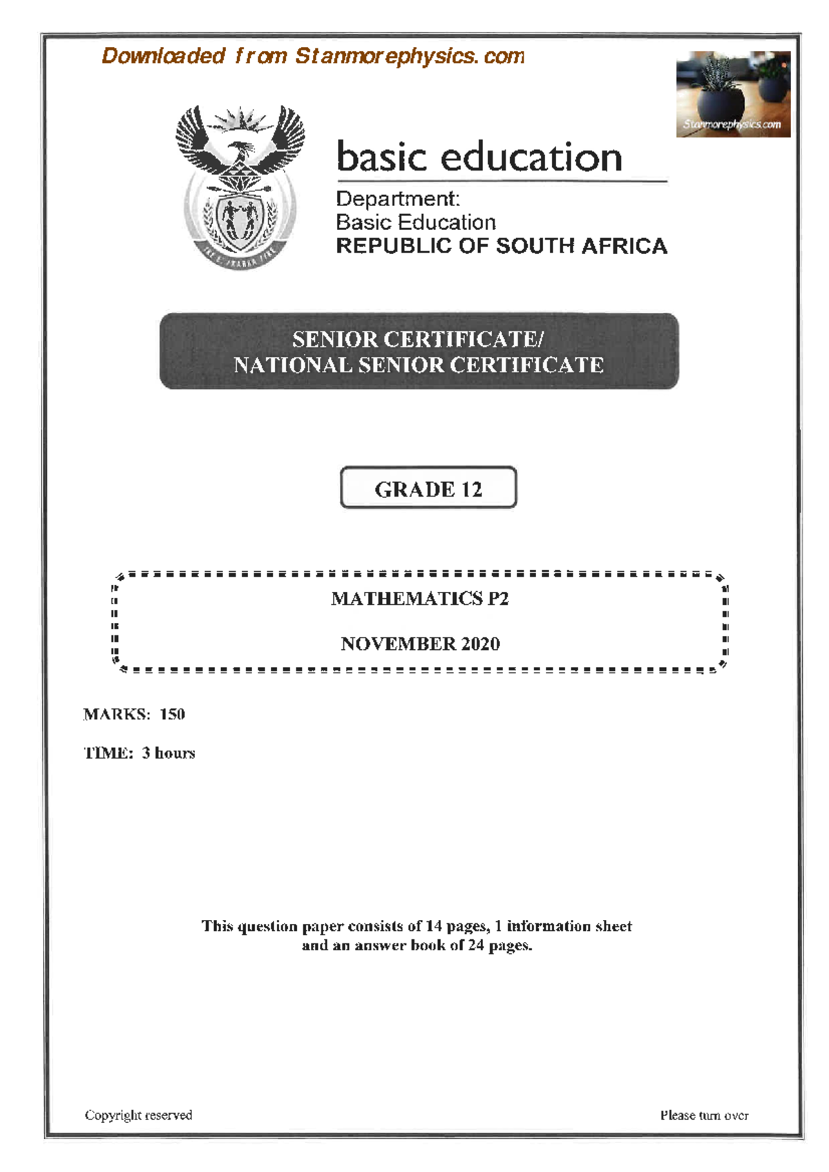 Mathematics Nov 2020 Grade 12 P2 and Memo - Studocu