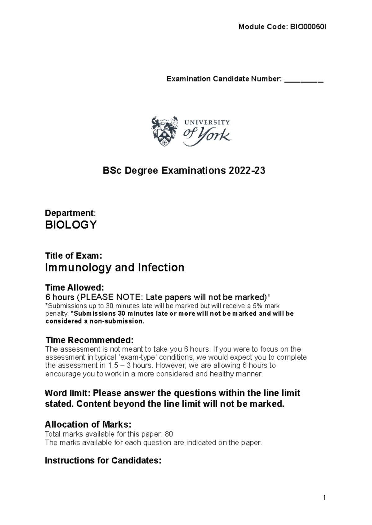 BIO00050 I Immunology and Infection Exam Paper 2022 23 - Q&A ...