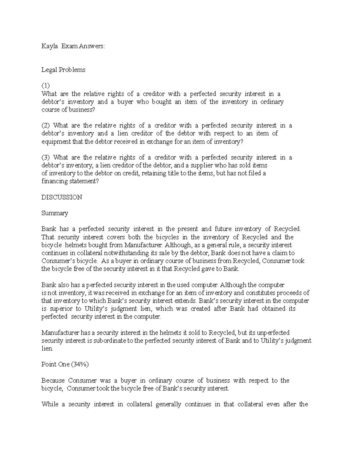 Kayla Problems - Bates' Answers 2 - Kayla Exam Answers: Legal Problems ...