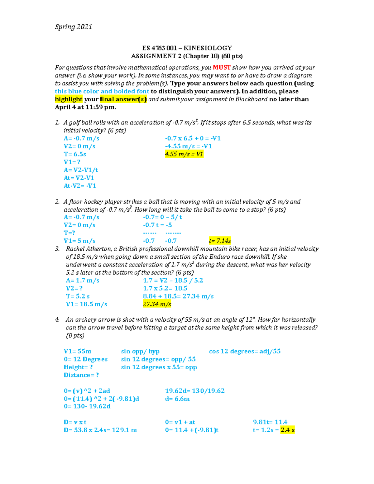 Kinesiology Assignment 2 - Spring 2021 ES 4763 001 – KINESIOLOGY ASSIGNMENT 2 (Chapter 10) (60 ...
