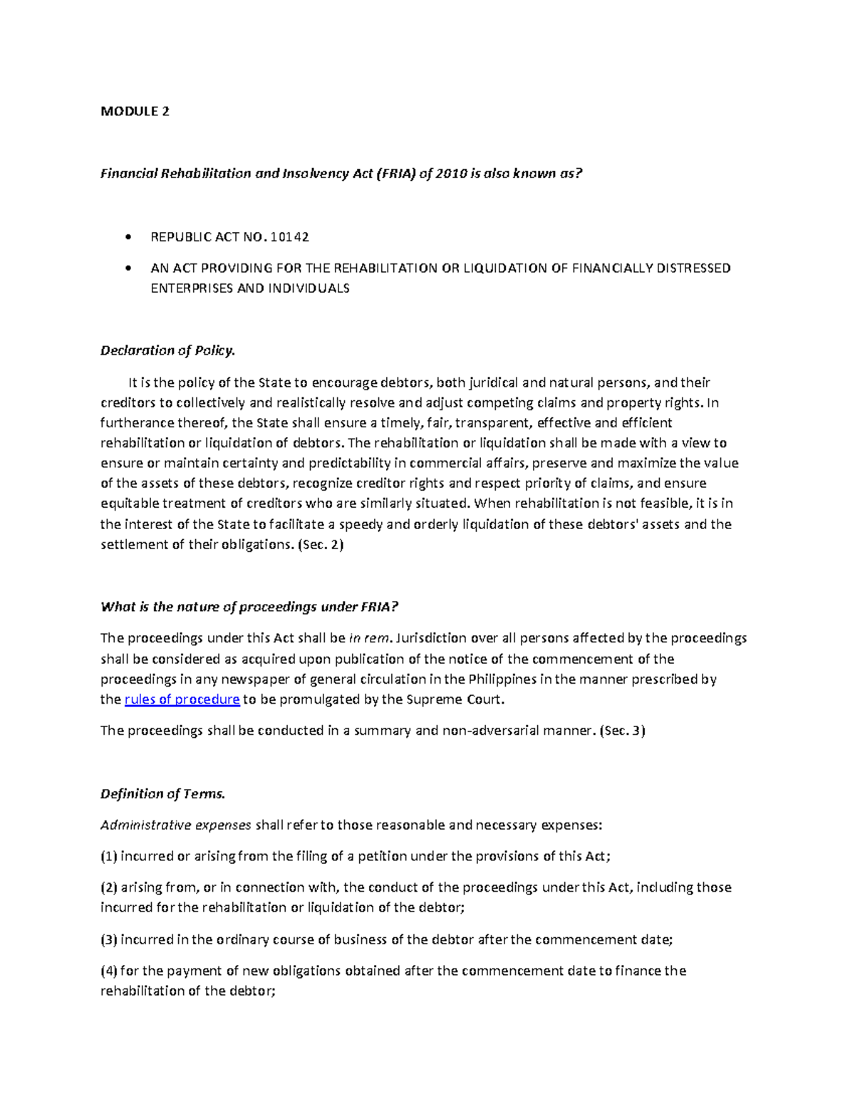 Financial Rehabilitation and Insolvency - Business Law - MODULE 2 ...