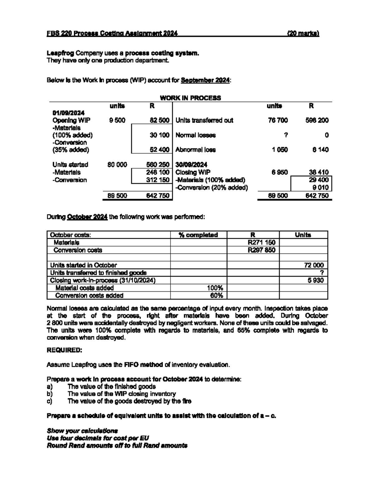 FBS 220 - Practical - FBS 220 Process Costing Assignment 2024 (20 marks ...