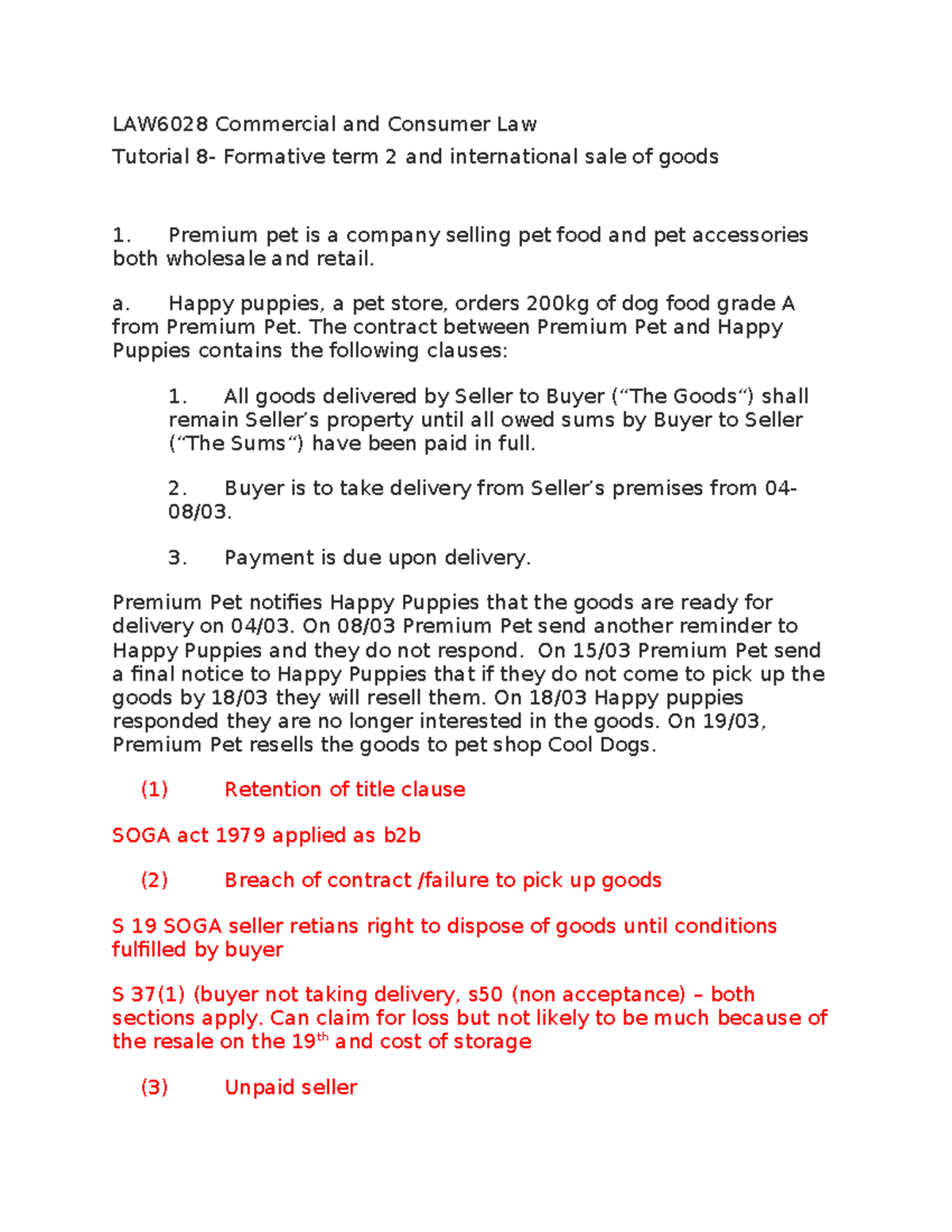Tutorial 8 international sale of goods - LAW6028 Commercial and ...
