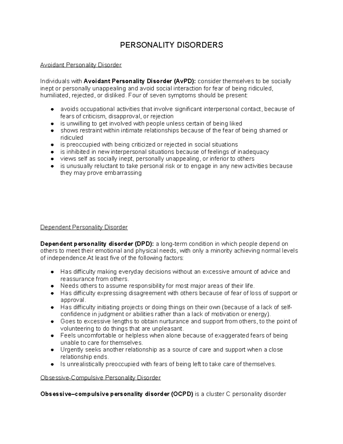 PSY 215 Personality Disorders Notes Part 2 - PERSONALITY DISORDERS ...