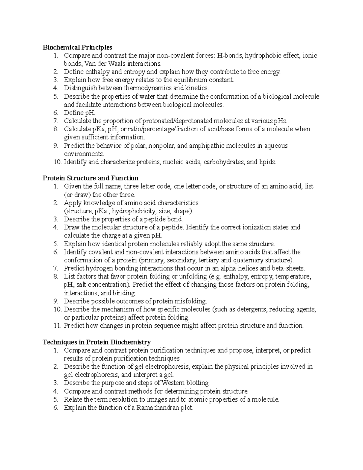 BIOL 430 Learning Objectives Detailed 1 - Biochemical Principles 1 ...