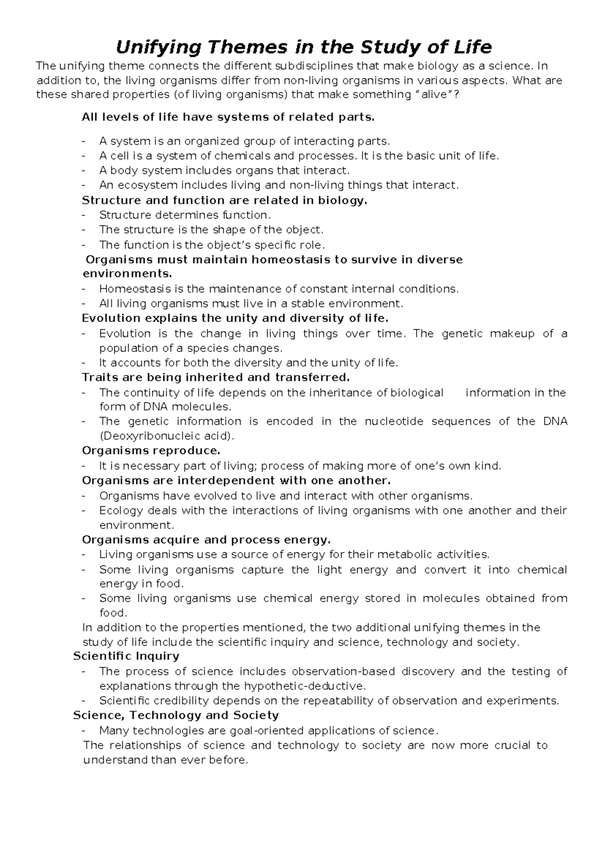 ALS-Unifying Themes in the Study of Life - Unifying Themes in the Study of Life The unifying ...