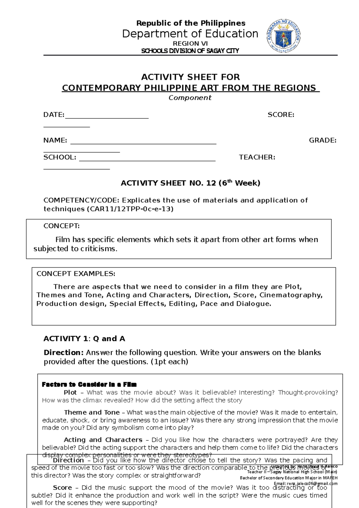 Activity Sheet 12 - Copy - Republic of the Philippines Department of ...