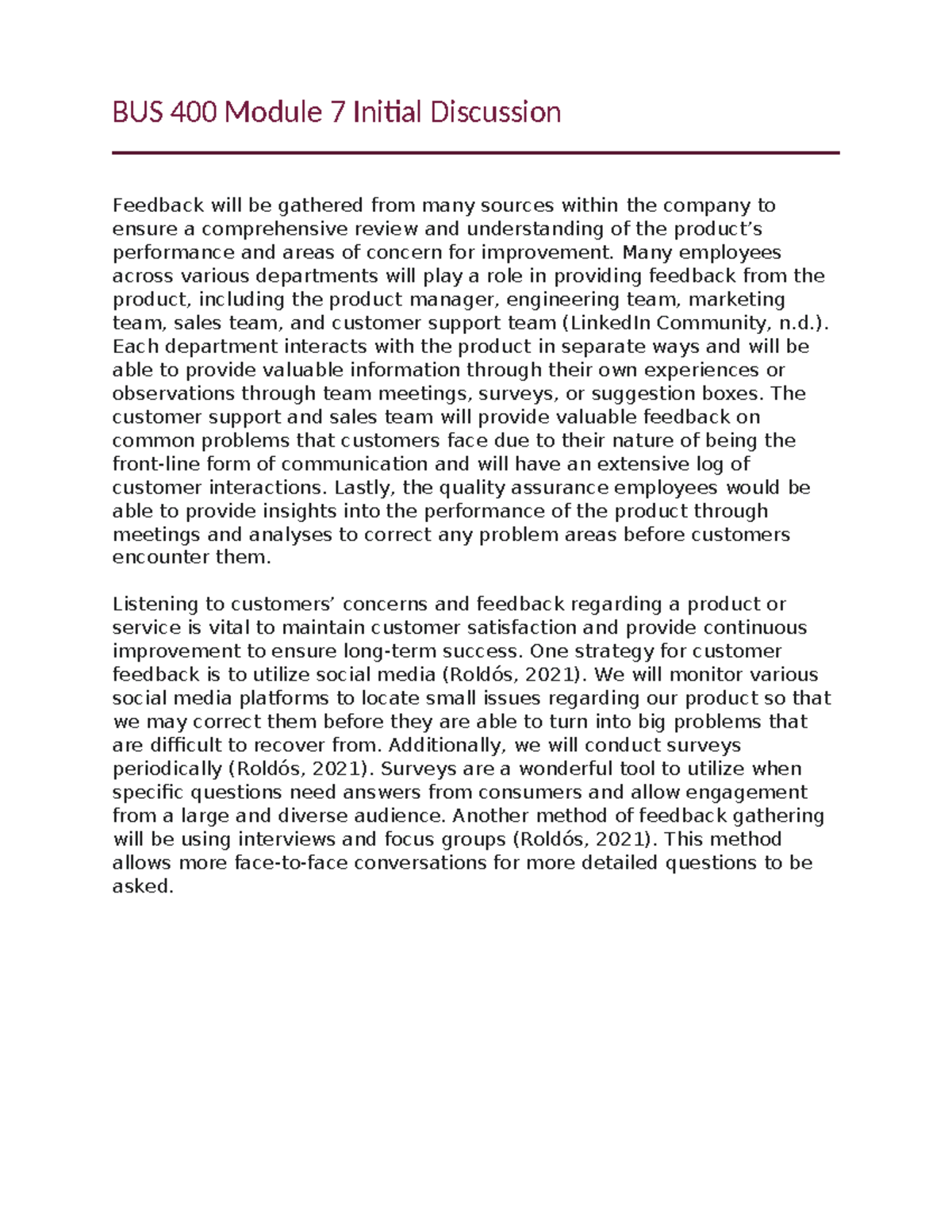 BUS 400 Module Seven Discussion Notes - BUS 400 Module 7 Initial ...