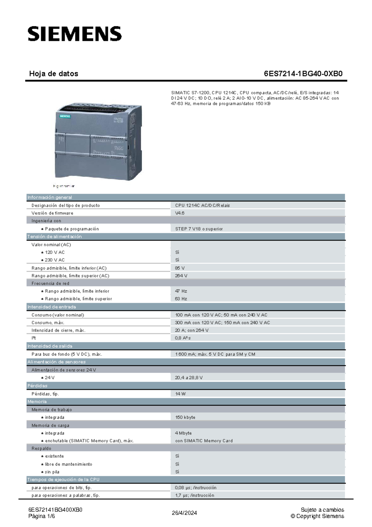 6ES72141 BG400XB0 datasheet es - Hoja de datos 6ES7214-1BG40-0XB ...