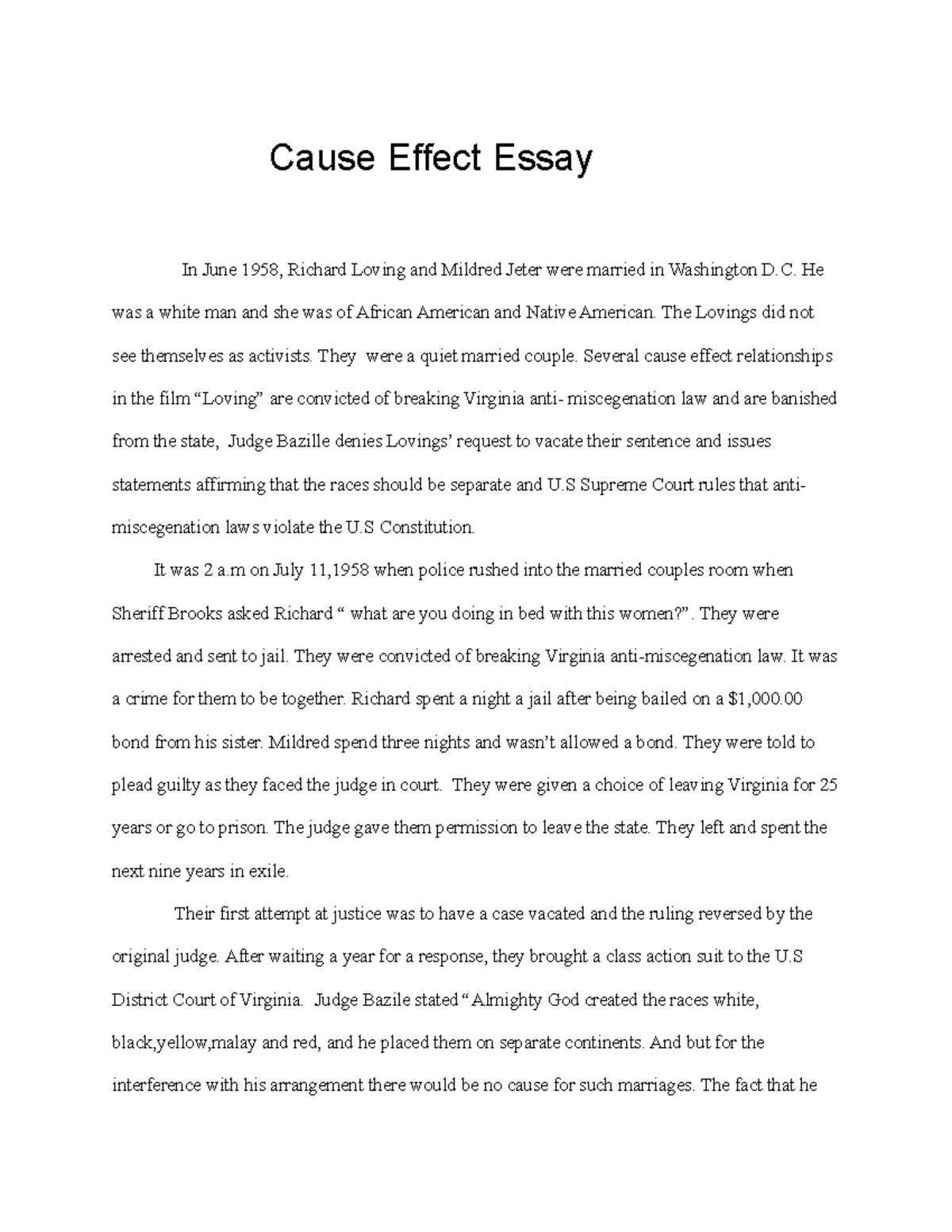 Cause Effect Essay - Richard Loving and Mildred Jeter were wed in ...