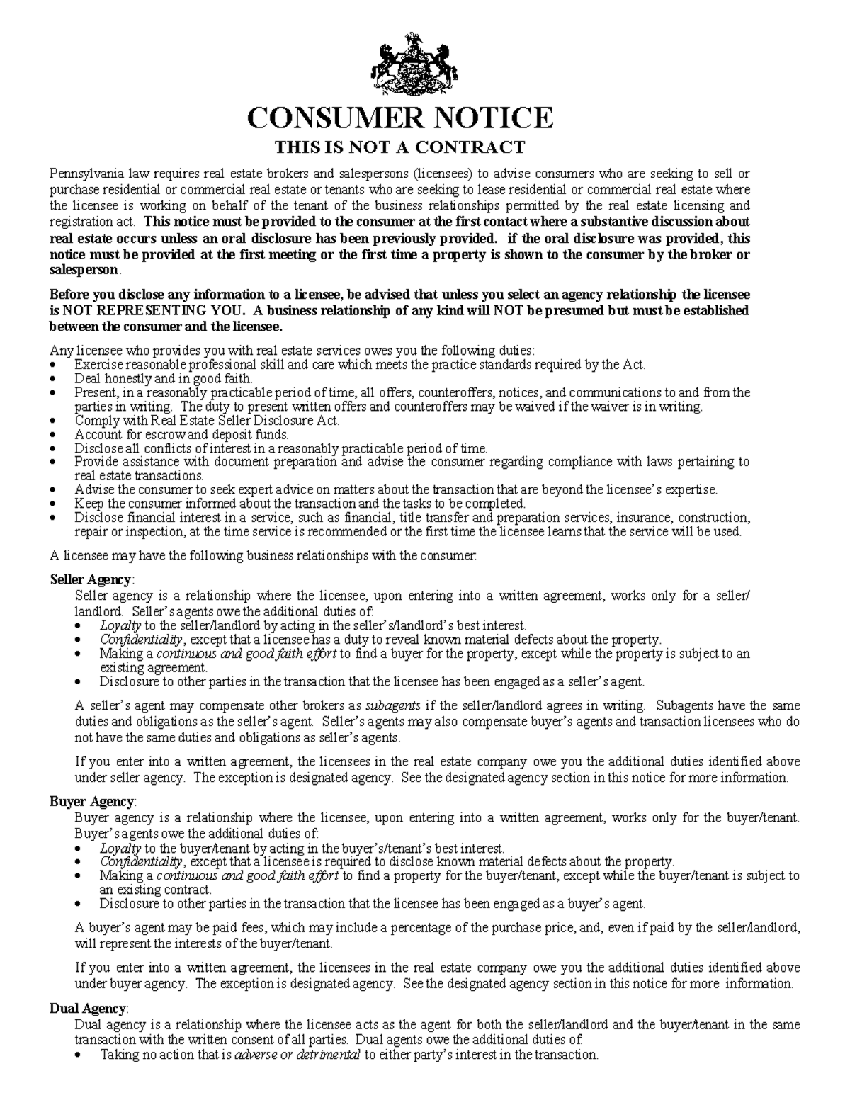 Consumer Notice - CONSUMER NOTICE THIS IS NOT A CONTRACT Pennsylvania ...