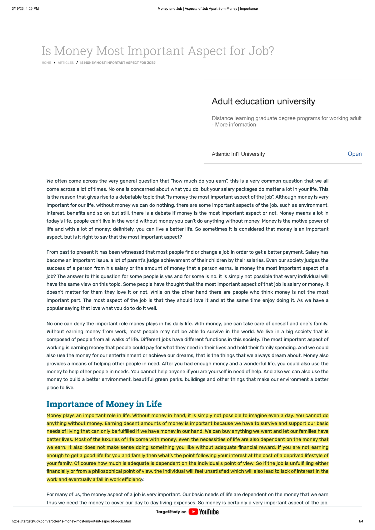 Money and Job Aspects of Job Apart from Money Importance - Adult ...