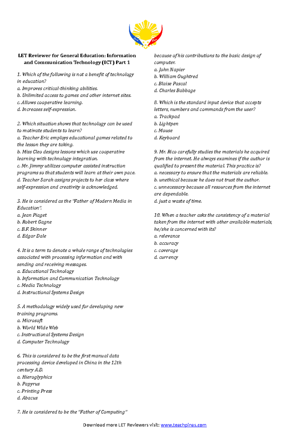Information AND Communication Technology - LET Reviewer for General ...