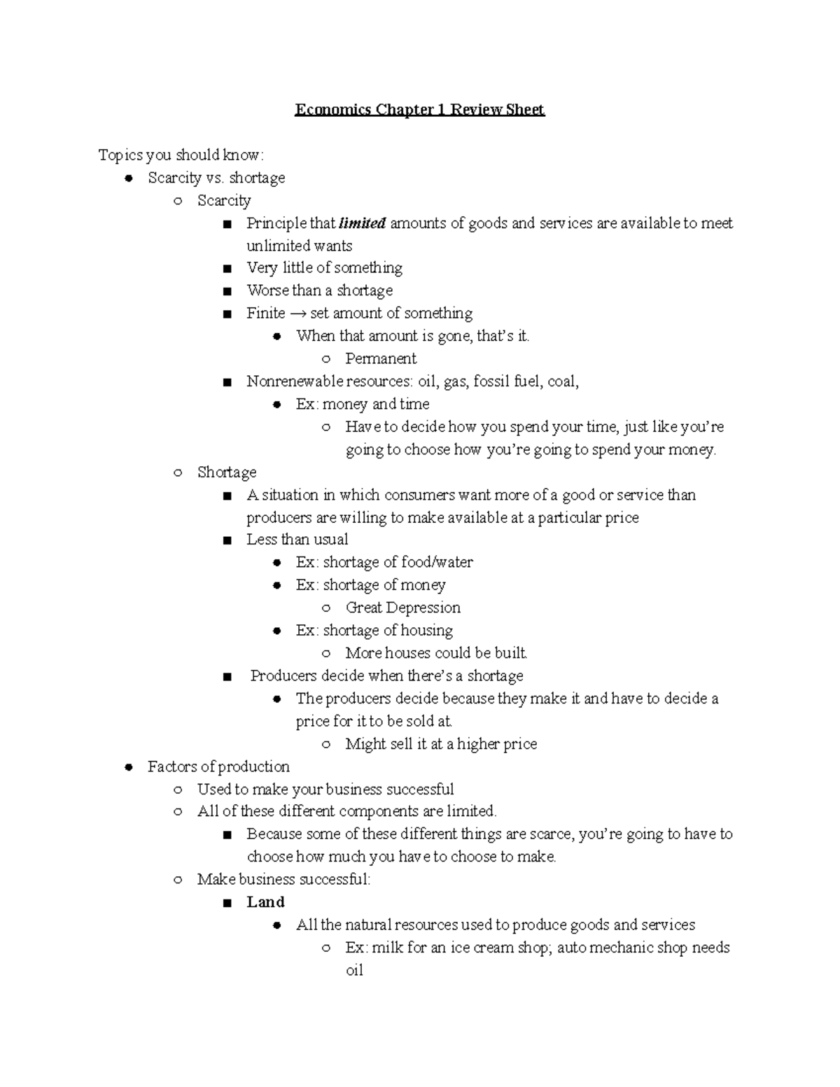 Chapter 1 Review Sheet - Economics Chapter 1 Review Sheet Topics you ...