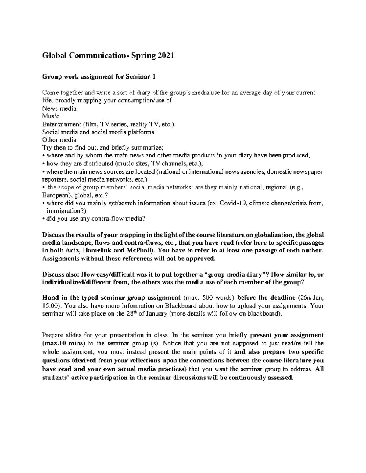 Assignment 1-vt21 - A1 - Global Communication- Spring 2021 Group work ...