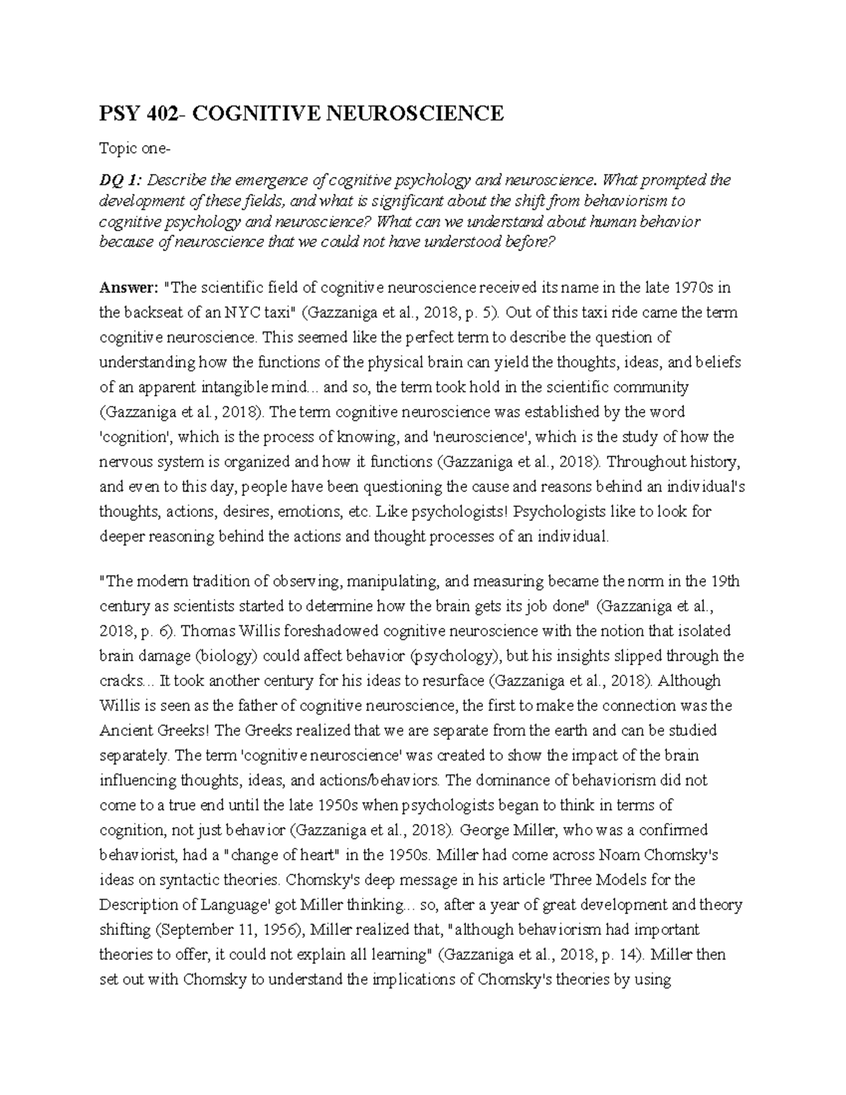 Topic ONE DQ 1-2 - PSY 402- COGNITIVE NEUROSCIENCE Topic one- DQ 1 ...