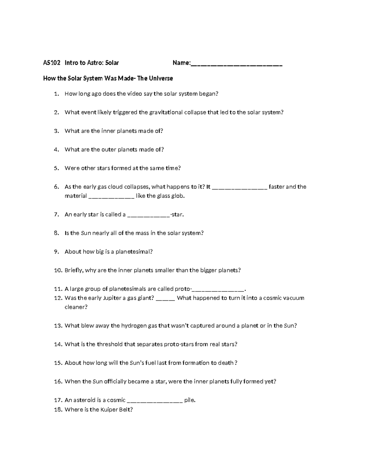 How the Solar System Formed Worksheet - AS102 Intro to Astro: Solar ...