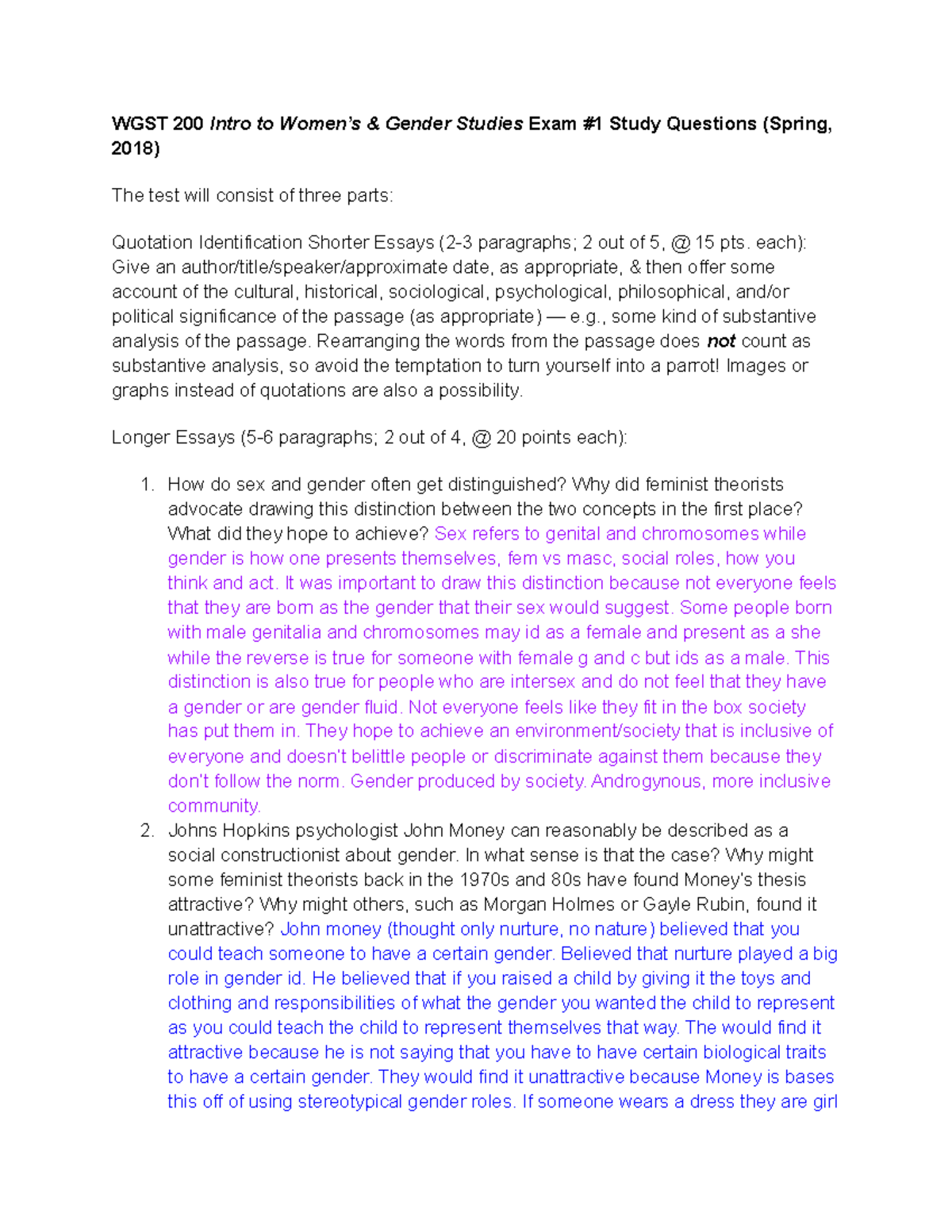 Exam 1 review WGST 200 - Dr. Nunan - WGST 200 Intro to Women’s & Gender ...