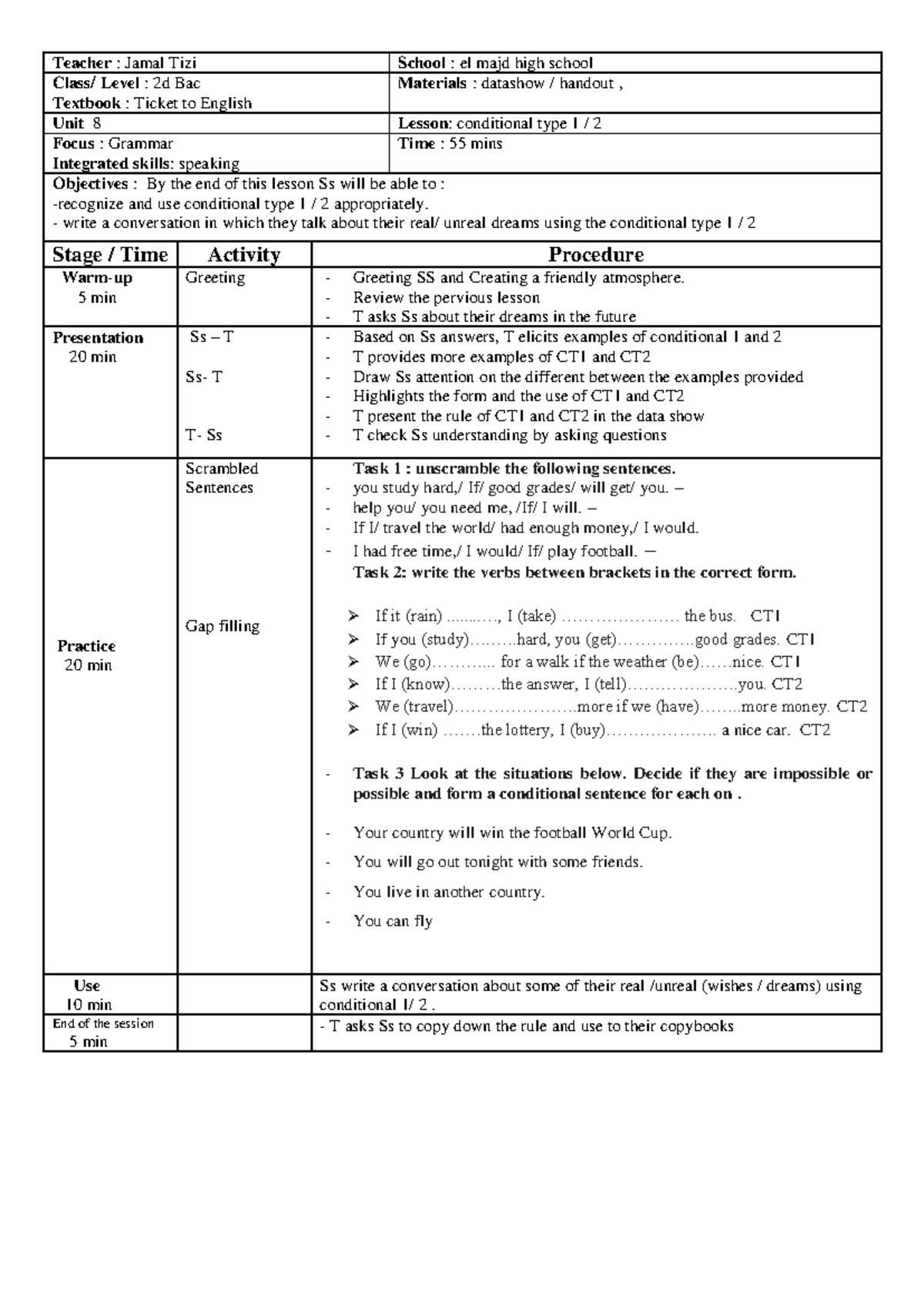 Lesson Plan -Grammar condi ty1-2 - Teacher : Jamal Tizi School : el ...