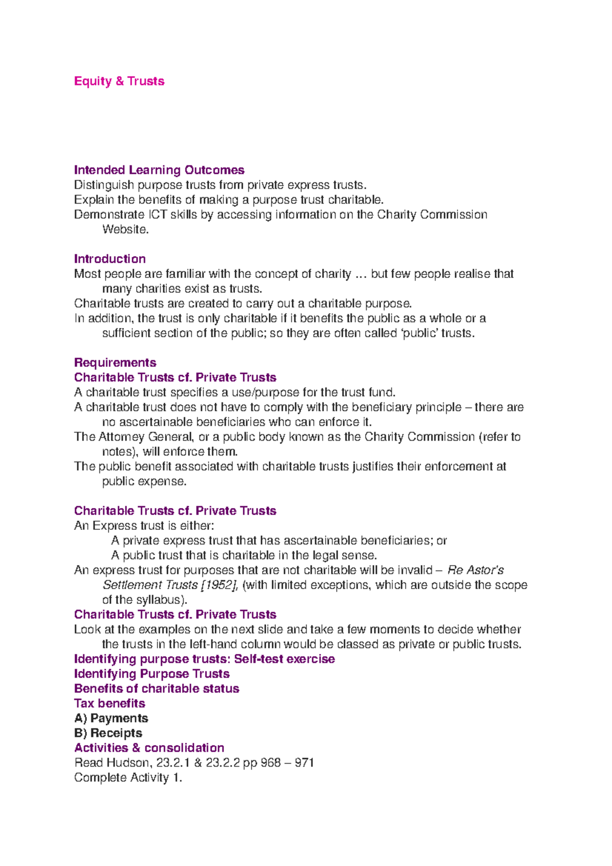 Equity intro - Lecture notes week 1 - Equity & Trusts Charitable Trusts ...