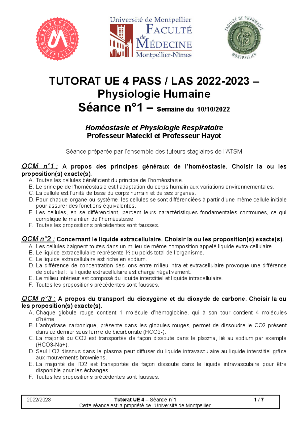 Enoncé Séance 1 - TUTORAT UE 4 PASS / LAS 2022-2023 – Physiologie Humaine Séance n°1 – Semaine ...