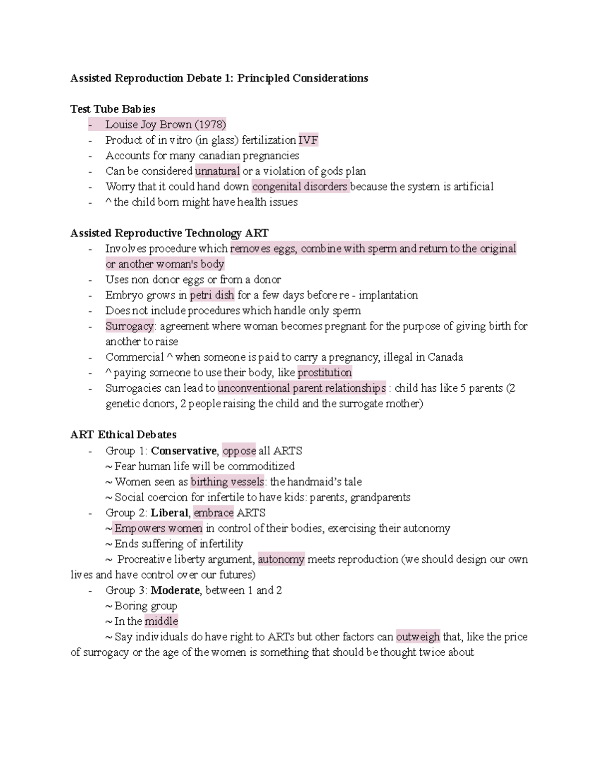 Chapter 11 Bioethics Notes - Assisted Reproduction Debate 1: Principled ...