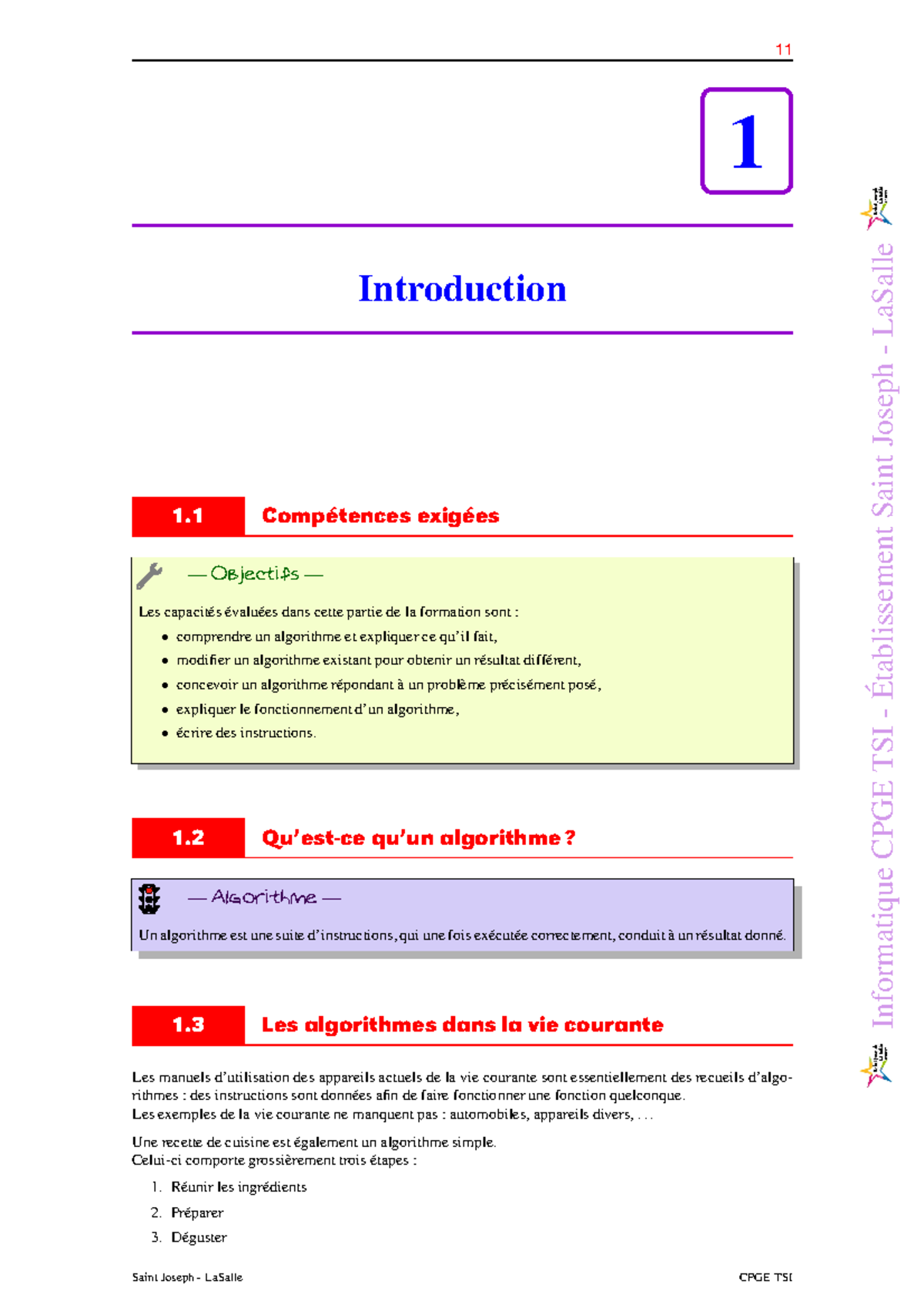 Algorithmique introduction - Informatique CPGE TSI - Établissement Saint Joseph - LaSalle 11 1 ...