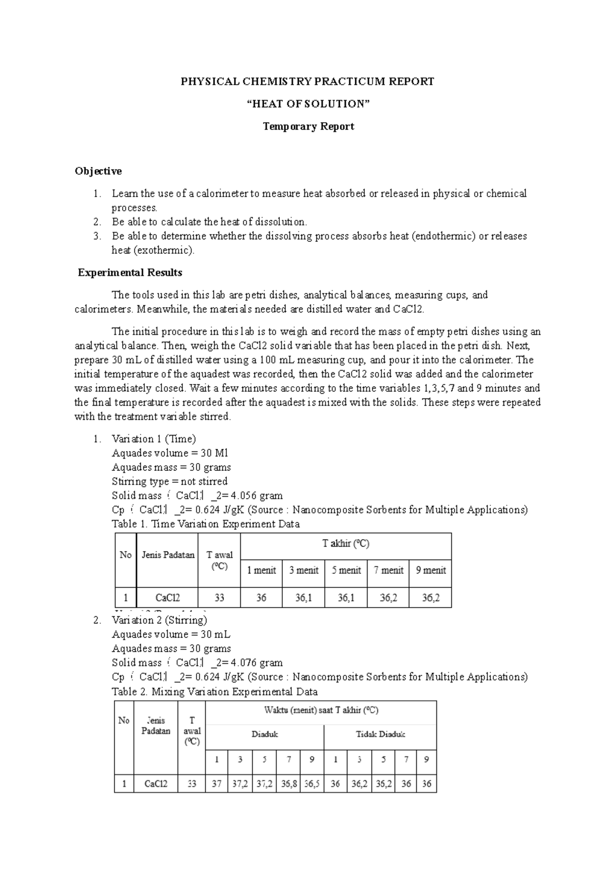 Physical Chemistry Practicum Report Heat of Solution - Temporary Report ...