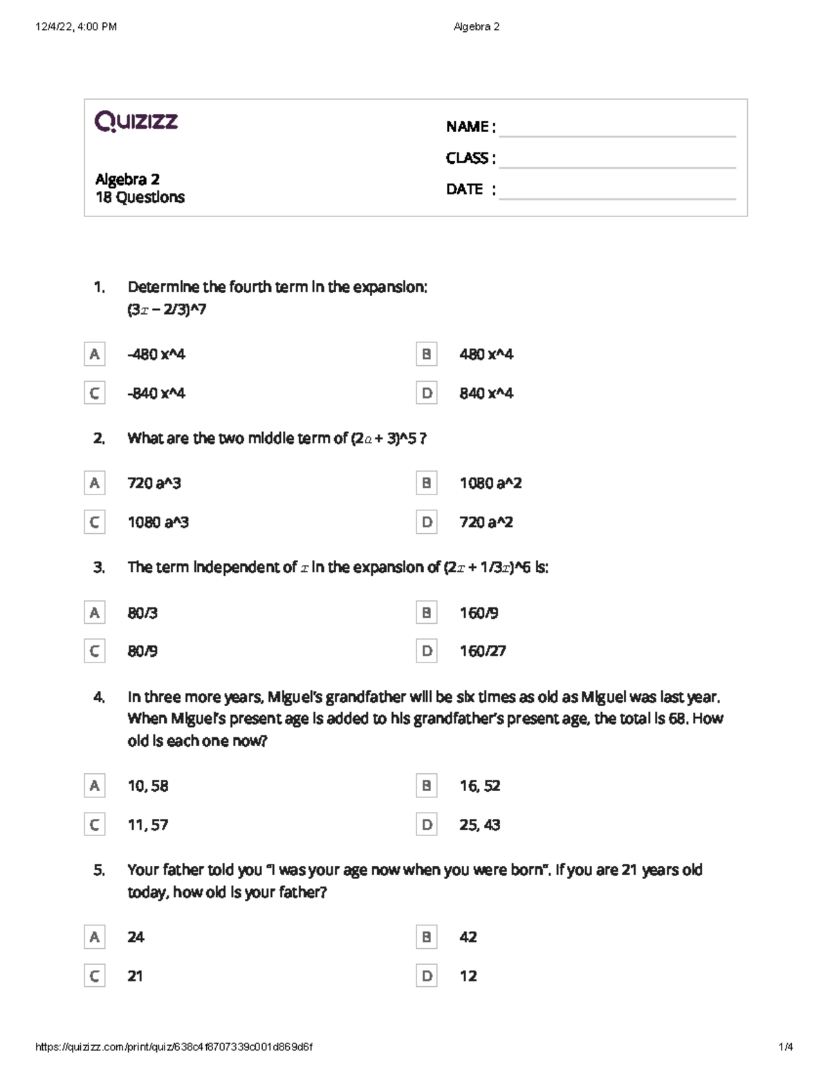 Algebra 2 Algebra 2 Practice Question For Pre board Algebra 2 18