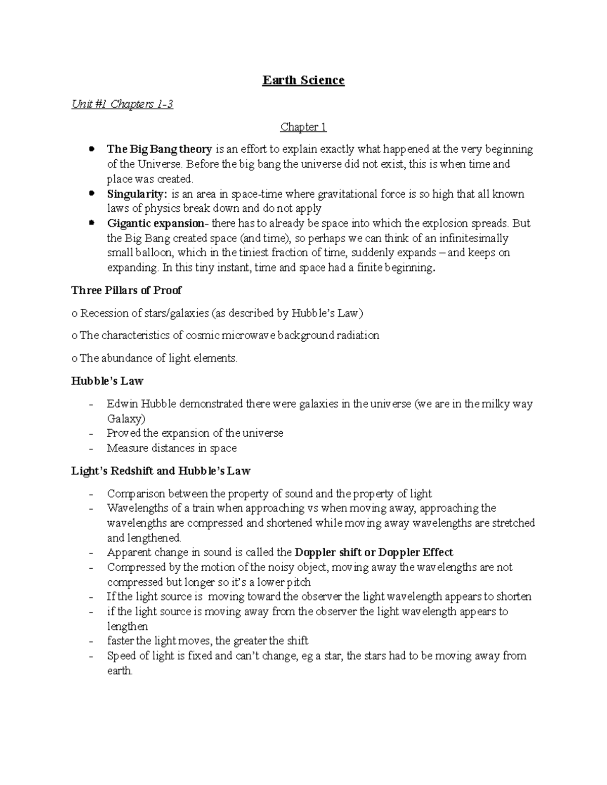 Unit 1 - Earth Science Unit #1 Chapters 1- Chapter 1 The Big Bang ...