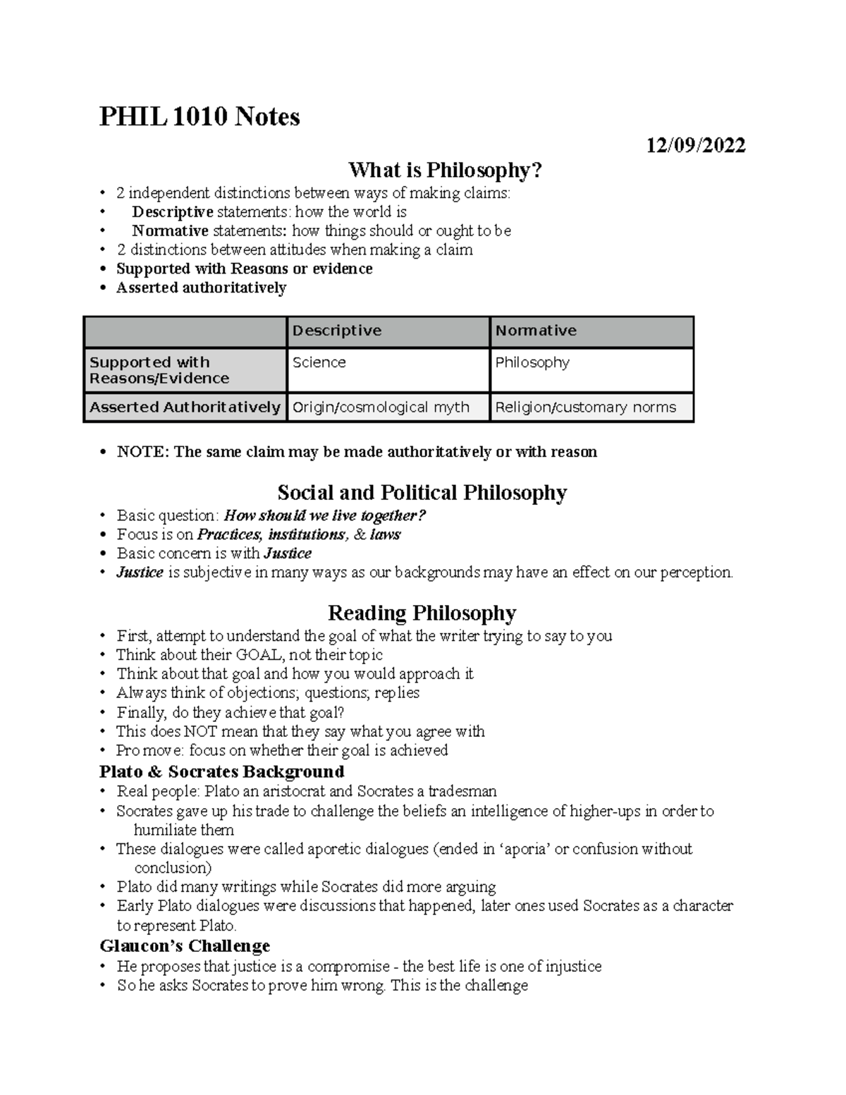 PHIL 1010 Notes - PHIL 1010 Notes 12/09/ What is Philosophy? • 2 ...
