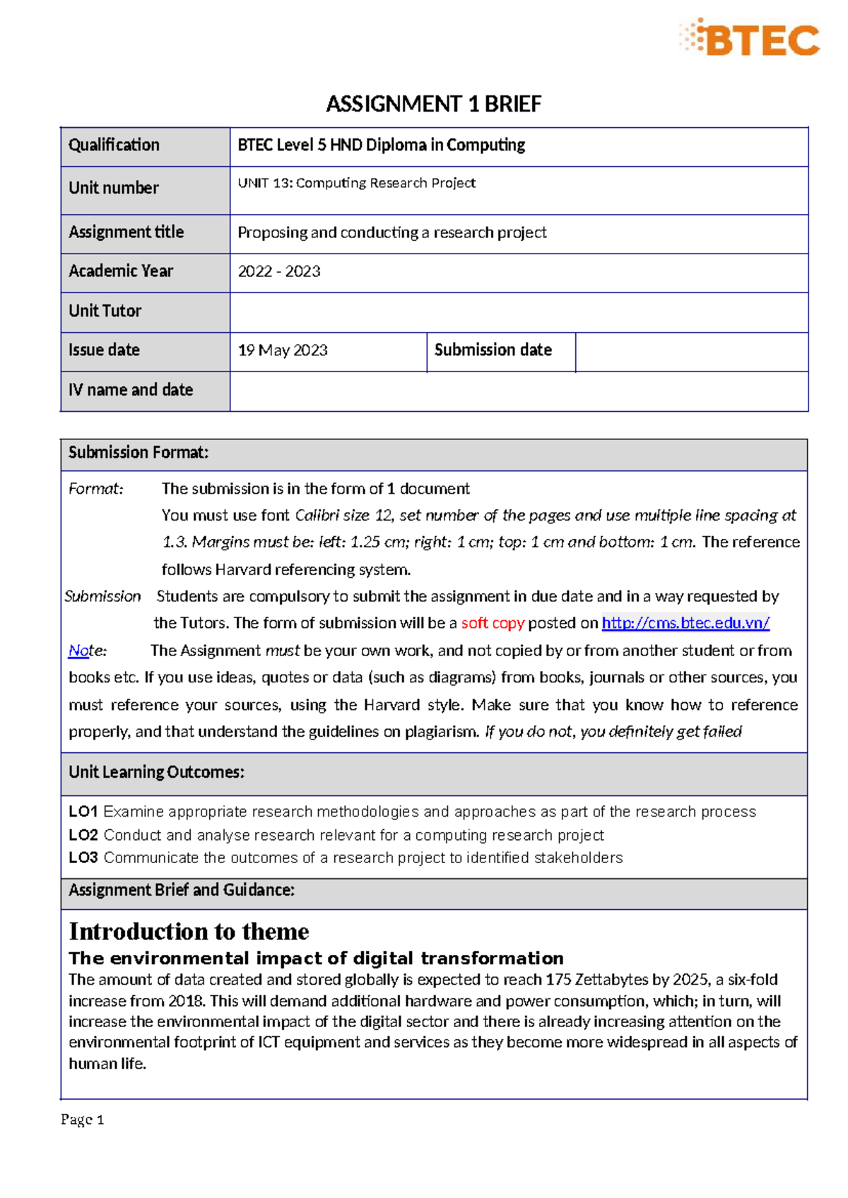 Assignment 1-brief - ASM 1 brief - ASSIGNMENT 1 BRIEF Qualification BTEC Level 5 HND Diploma in ...