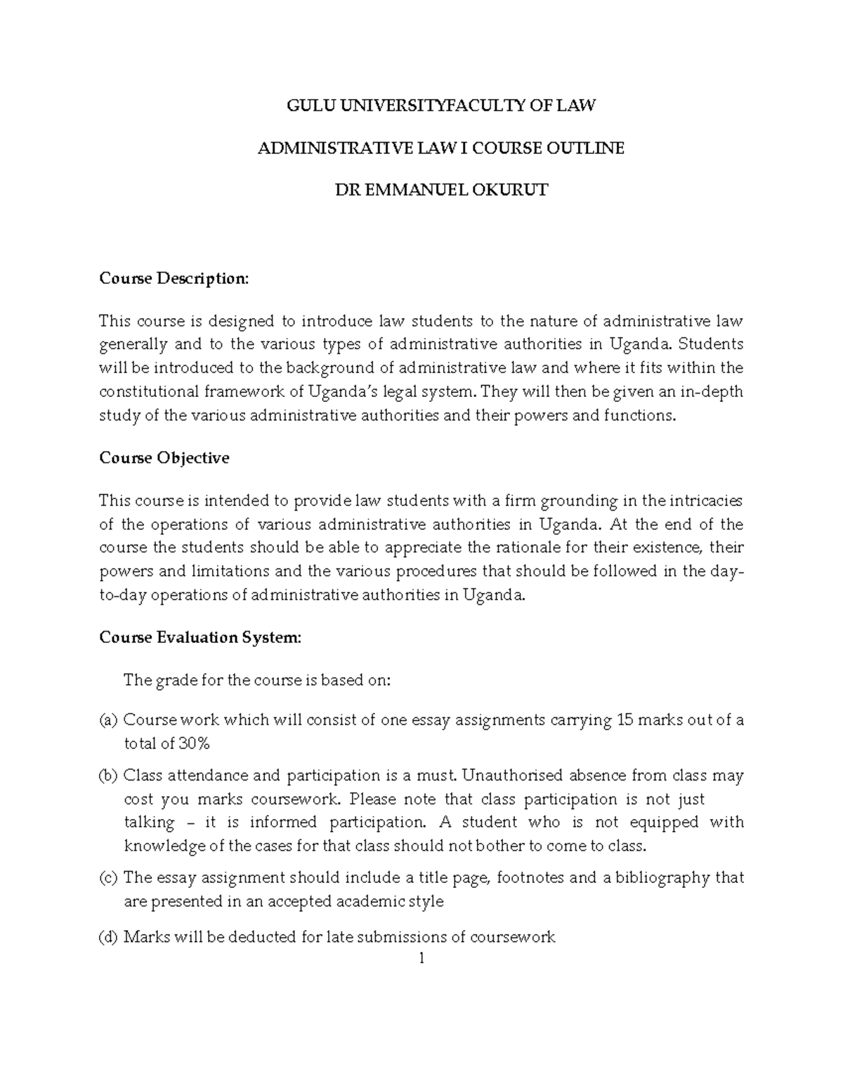 Administrative Law I Reading List - GULU UNIVERSITYFACULTY OF LAW ...