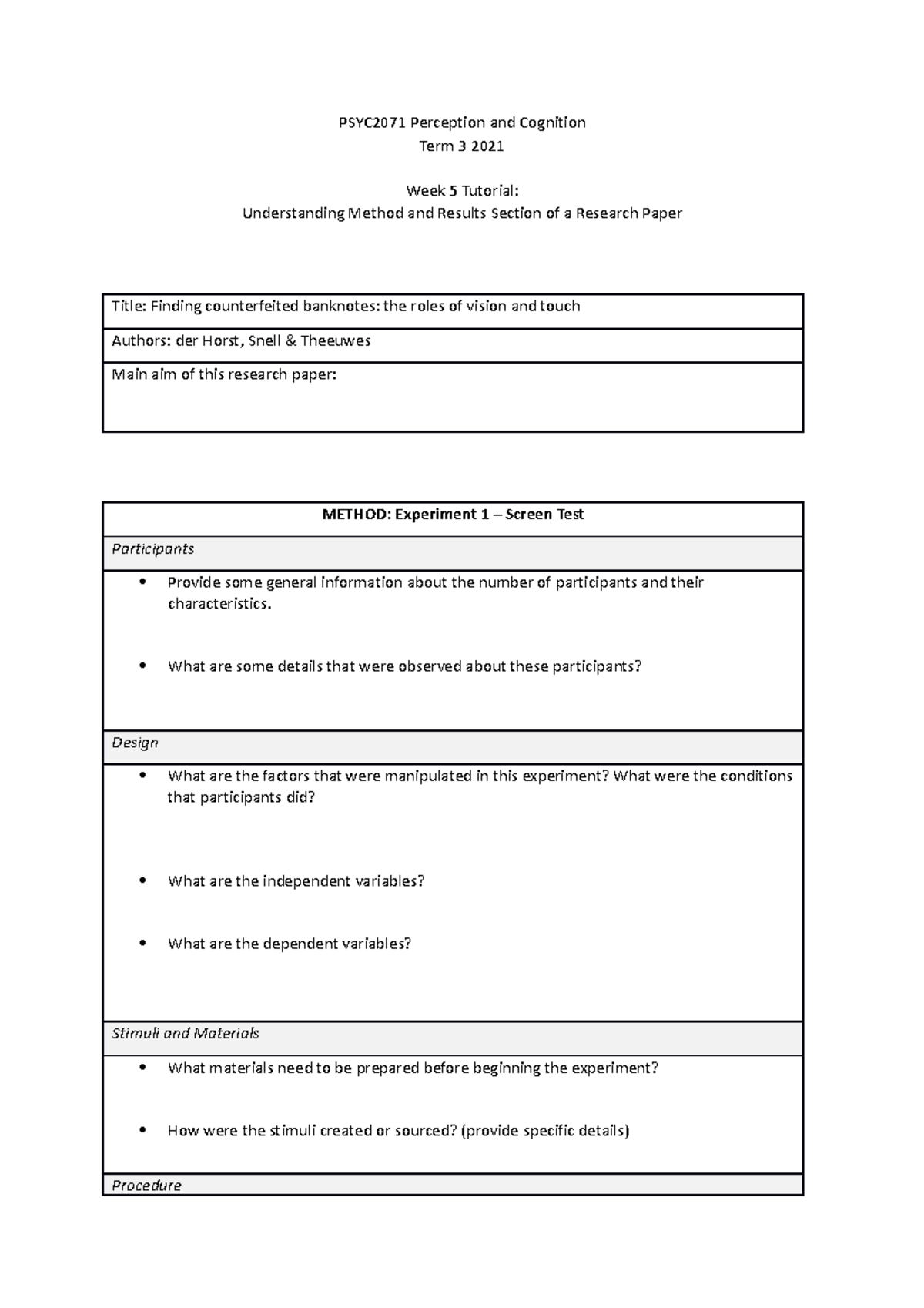 Week 5 Tutorial Article method-results worksheet Final - PSYC2071 ...