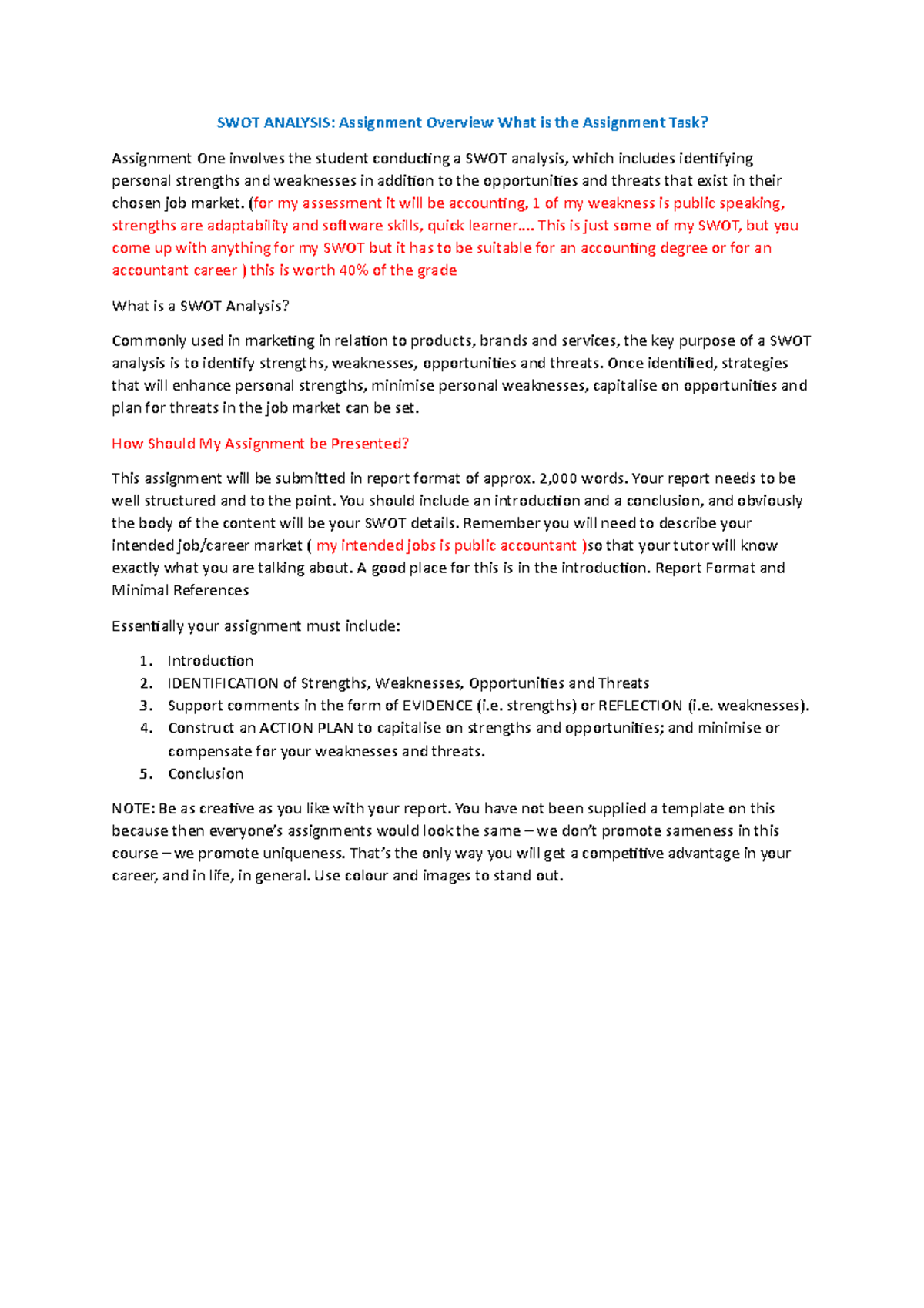 SWOT Analysis - SWOT ANALYSIS: Assignment Overview What is the ...