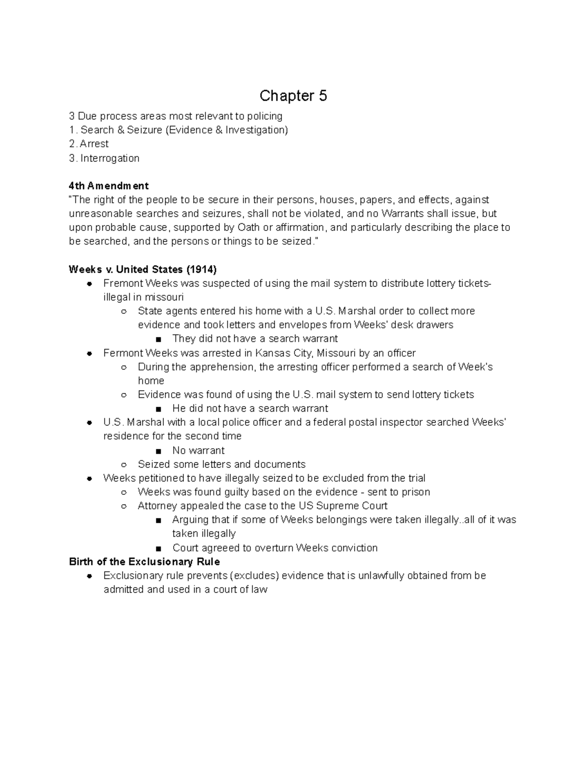 Chapter 5 Notes - The Fourth Amendment definition, application and ...