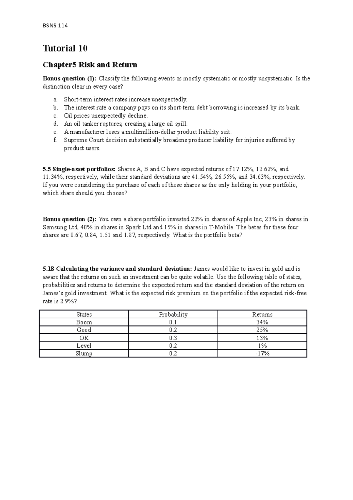 Tut 10 Question 2022 - BSNS 114 Tutorial 10 Chapter5 Risk and Return ...