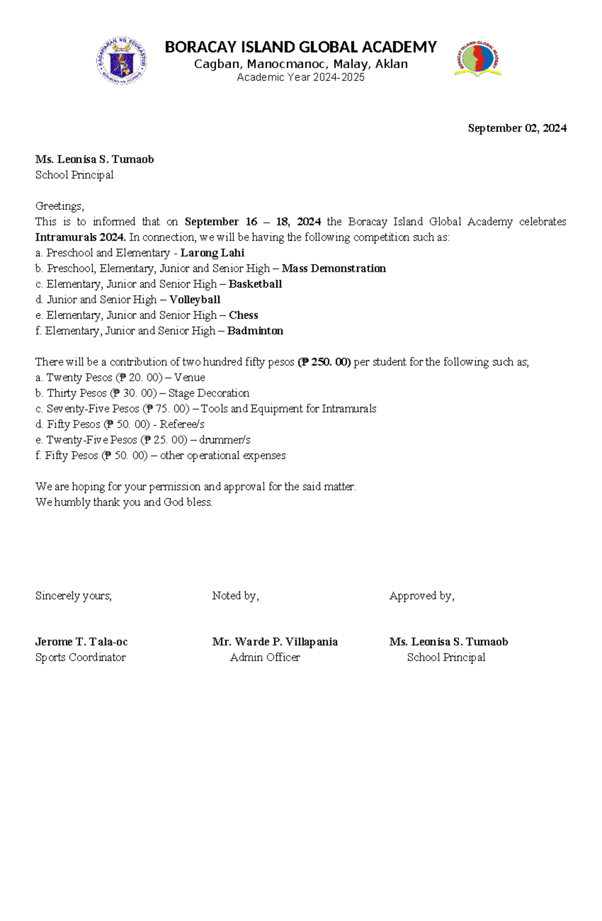 Intramural Proposal Letter - BORACAY ISLAND GLOBAL ACADEMY Cagban ...