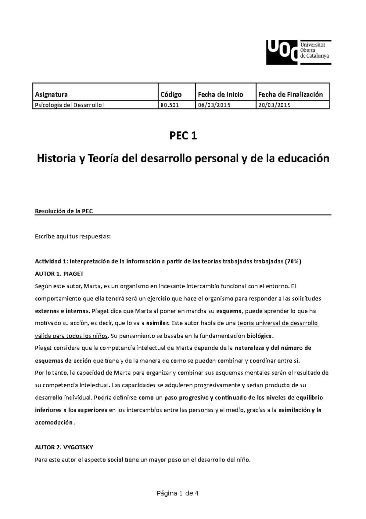 PEC 1. Desarrollo - pec 1 - Asignatura Código Fecha de Inicio Fecha de Finalización Psicología ...