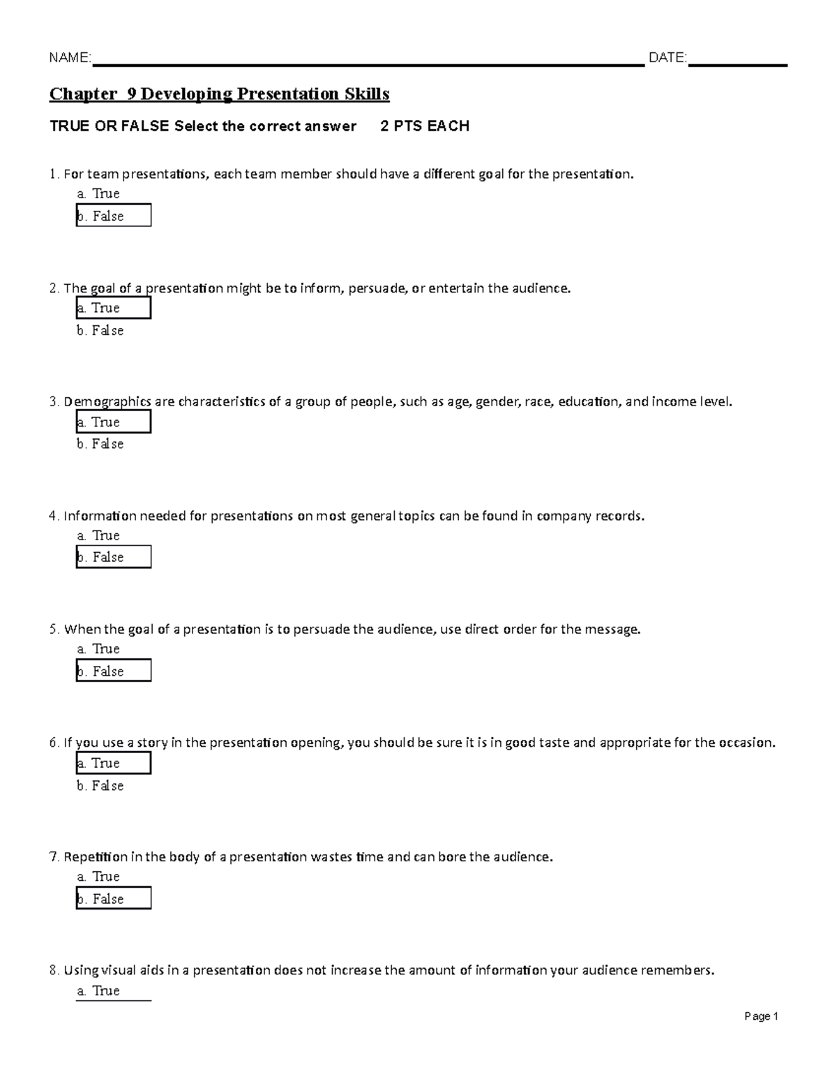 Chapter 9 Developing Presentation Skills Worksheet-1 - Chapter 9 ...