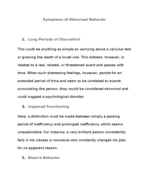 Symptoms of Abnormal Behavior - This distress, however, is related to a ...