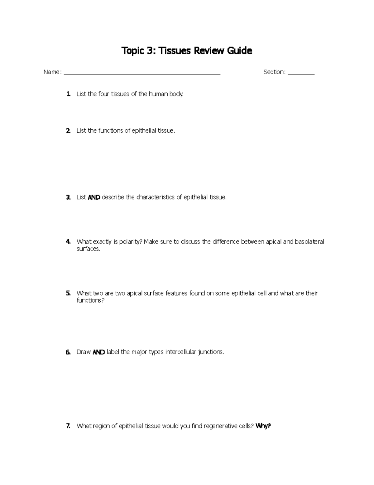 Topic 3 Tissues Review Guide - Topic 3 : Tissues Review Guide Name ...