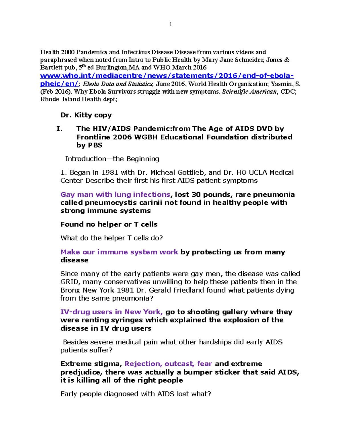 Health 2000 Pandemics and Infectious Diseases Reading from Dr Kitty crt ...